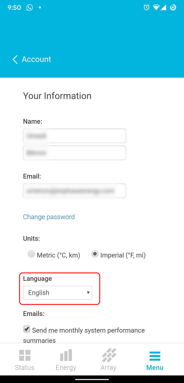 How do I change the language of the Enphase Enlighten app?