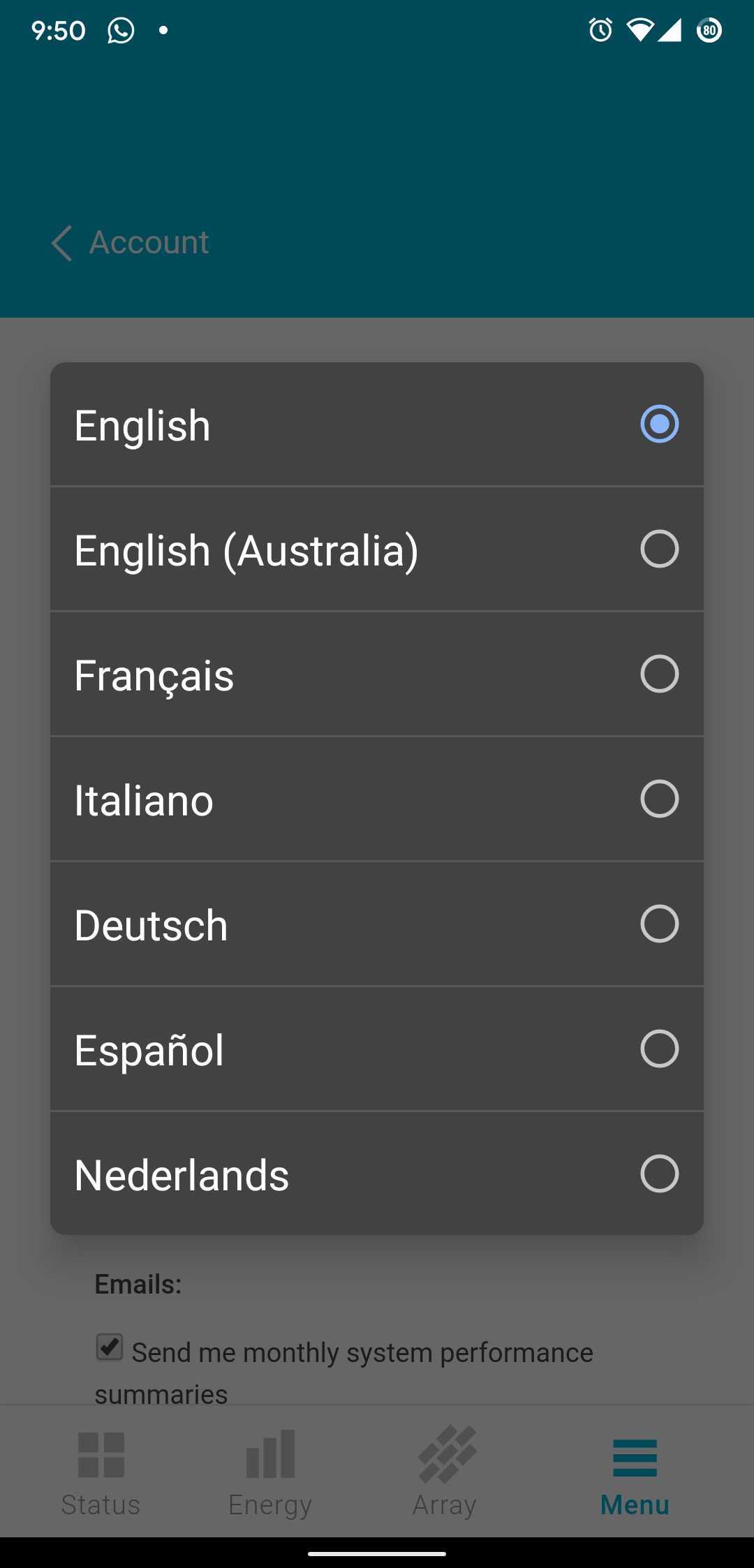 How do I change the language of the Enphase Enlighten app?
