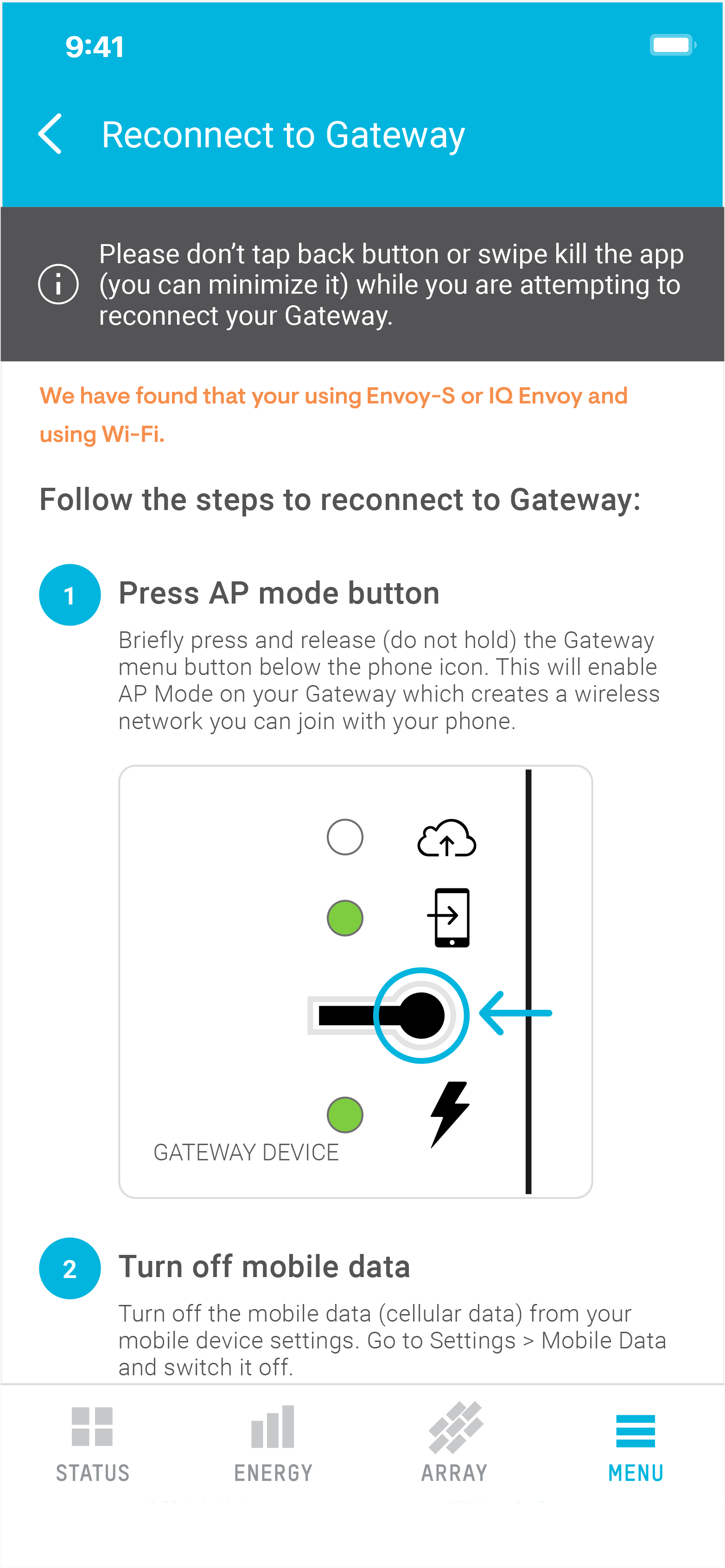 Erneutes Verbinden des Envoy S oder IQ Gateway über die Enphase App ...